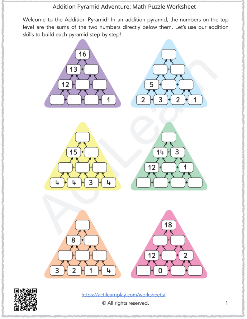 Free Printable Math Addition Pyramid Worksheet for Kids