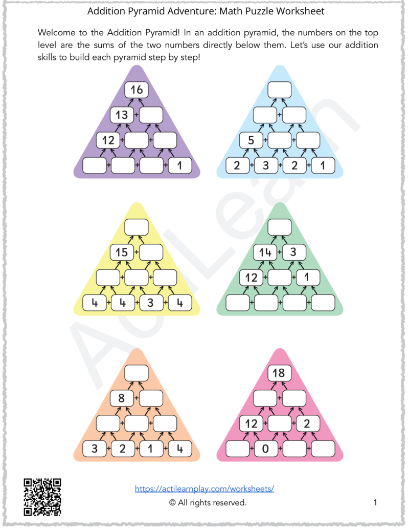 Free Printable Math Addition Pyramid Worksheet for Kids
