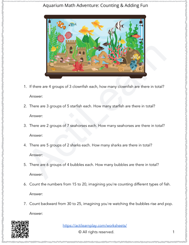Free Aquarium-Themed Addition Worksheet for Kids | Grade 1