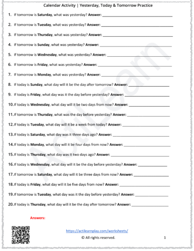 Calendar Activity | Yesterday, Today & Tomorrow Practice