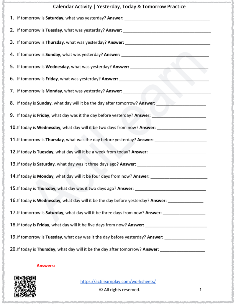 Calendar Activity | Yesterday, Today & Tomorrow Practice