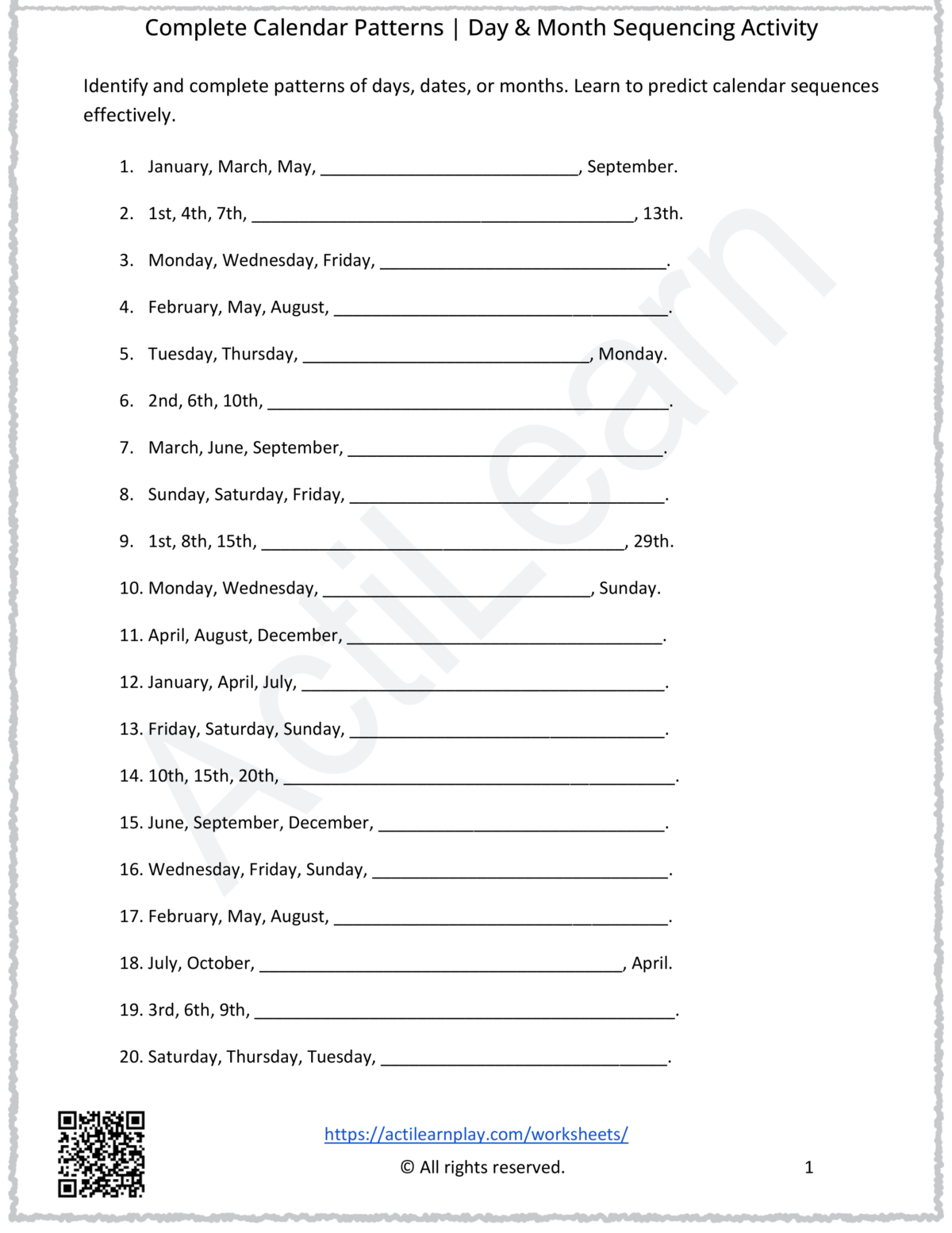 Complete Calendar Patterns | Day & Month Sequencing Activity
