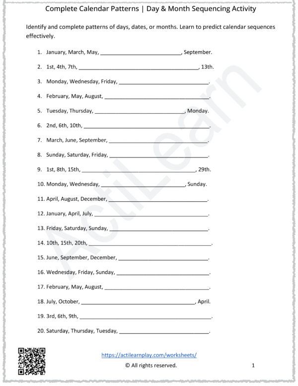 Complete Calendar Patterns | Day & Month Sequencing Activity