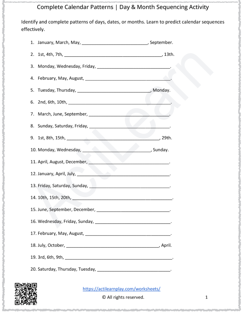 Complete Calendar Patterns | Day & Month Sequencing Activity
