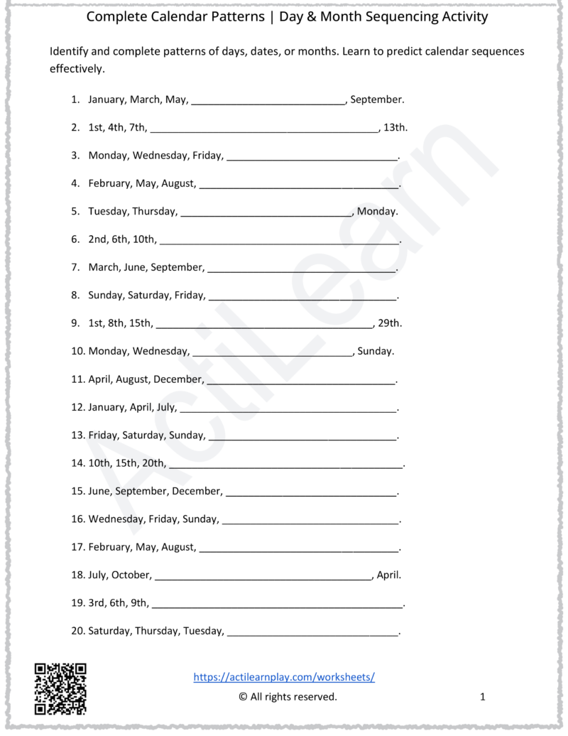 Complete Calendar Patterns | Day & Month Sequencing Activity