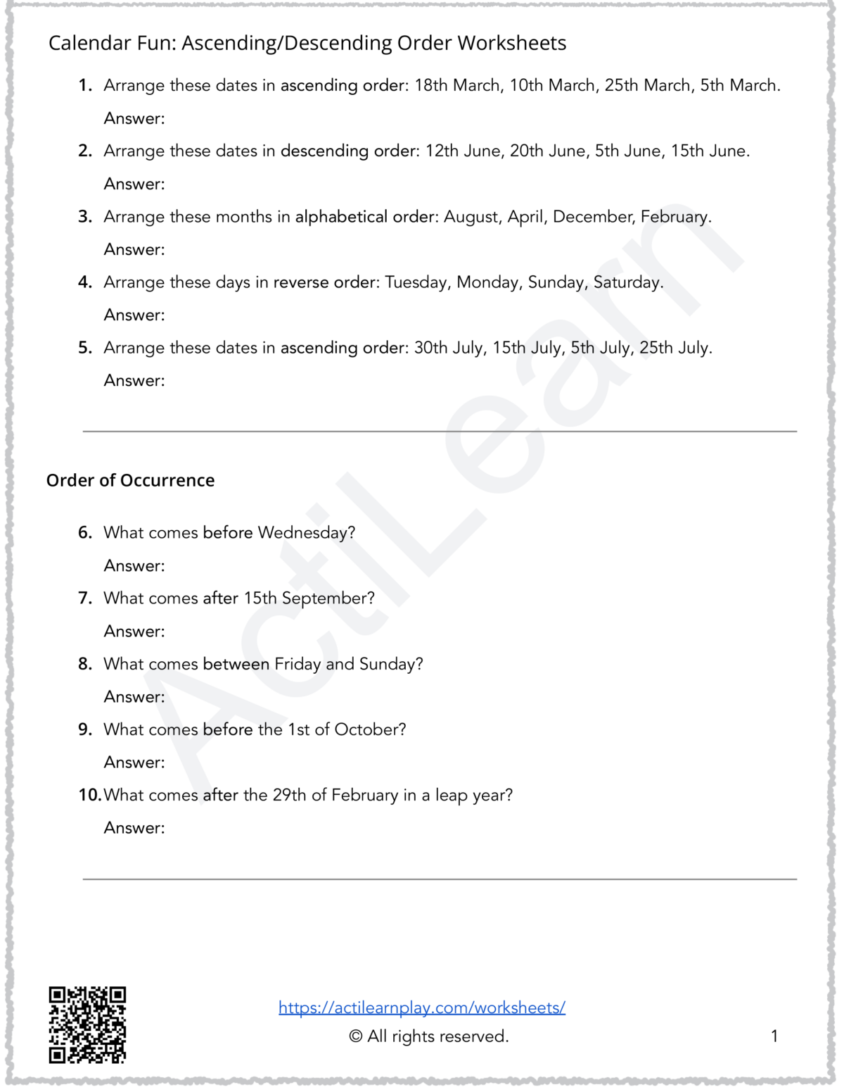 Calendar Fun: Ascending/Descending Order Worksheets
