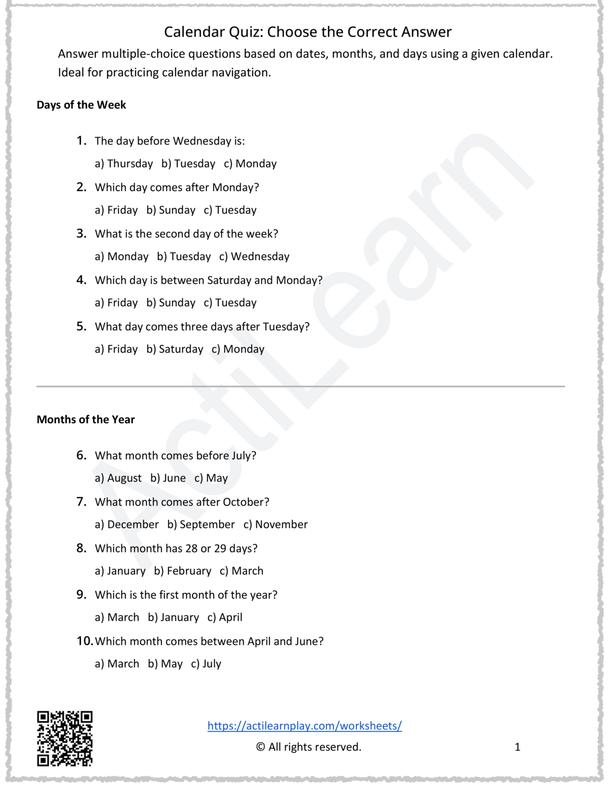 Calendar Quiz Activity | Days, Dates, Months for Grade 1