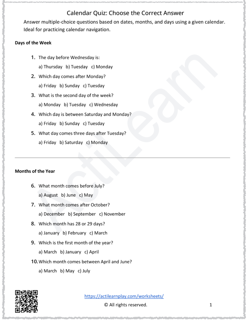 Calendar Quiz Activity | Days, Dates, Months for Grade 1