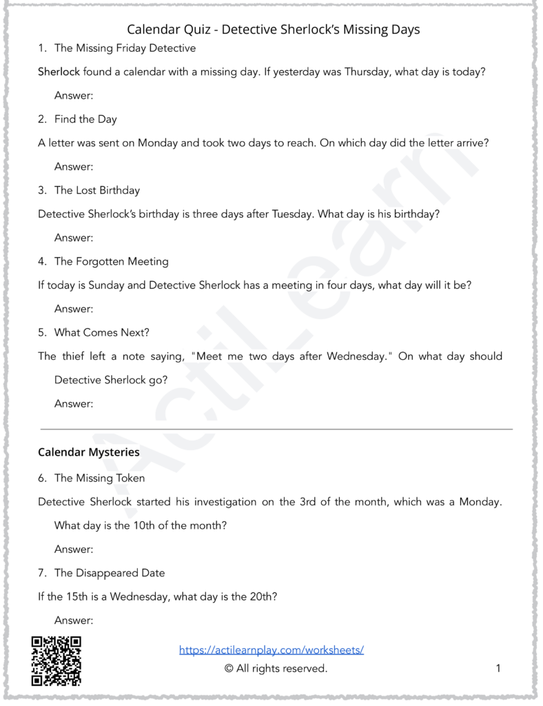 Math Calendar Days Quiz | Fun Detective Worksheet for Kids