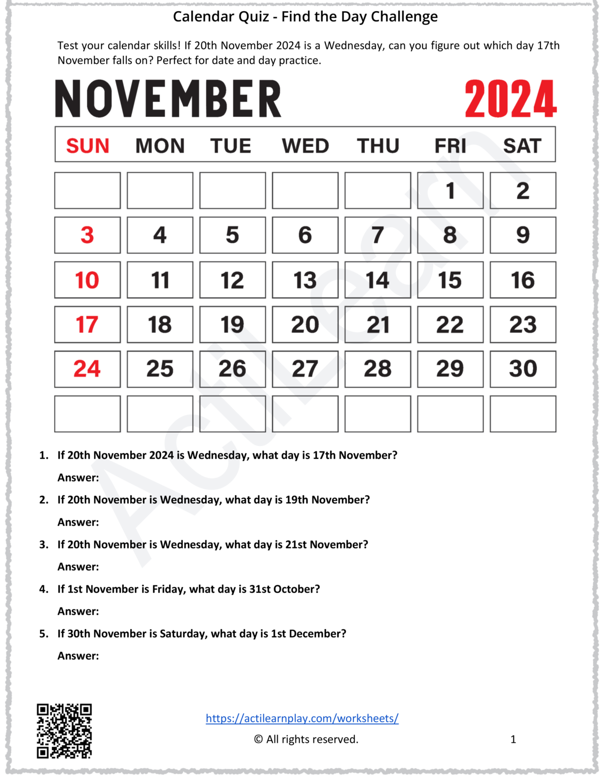 Calendar Quiz Activity | Link Days and Dates for Grade 1
