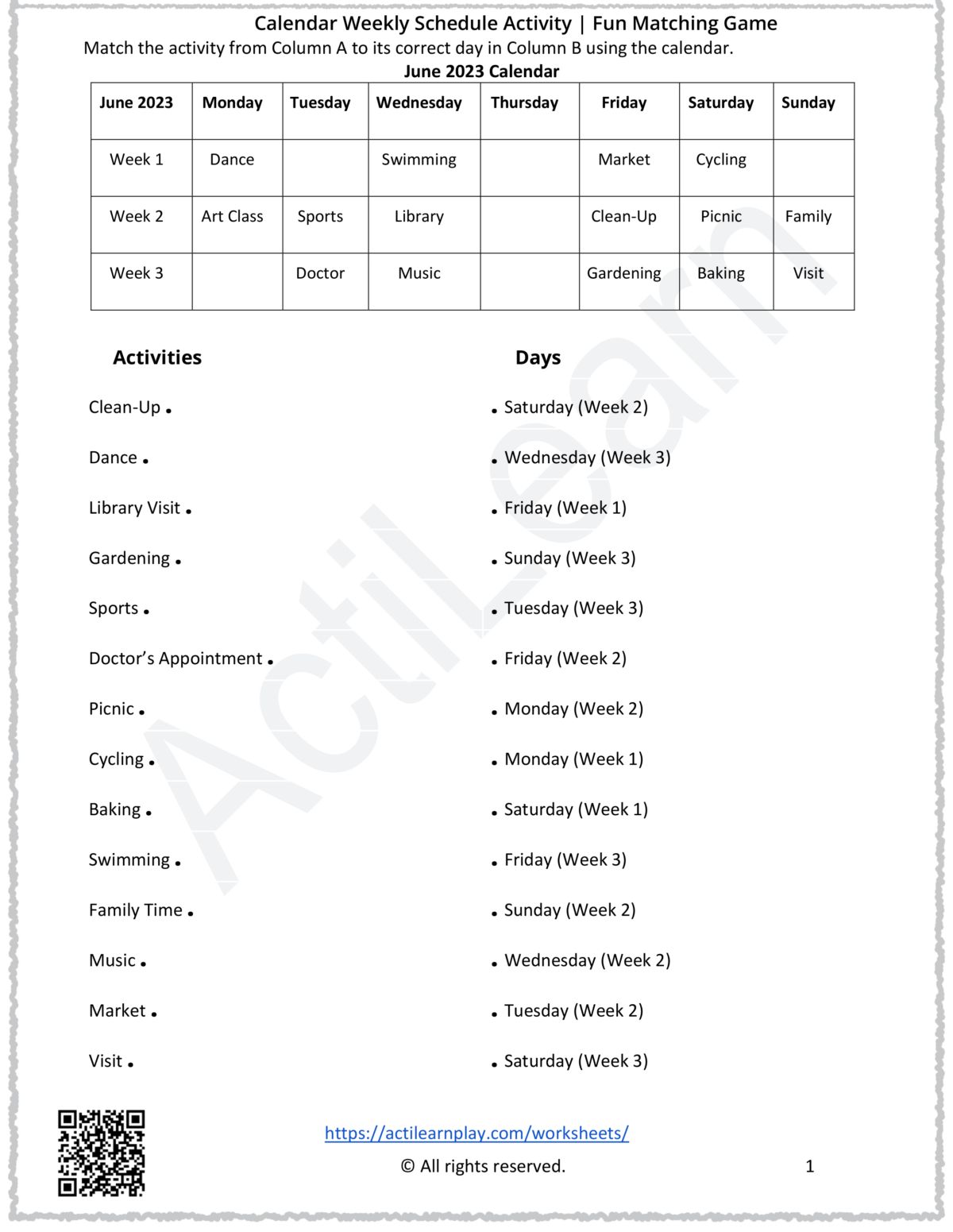 Calendar Weekly Schedule Activity | Fun Matching Game