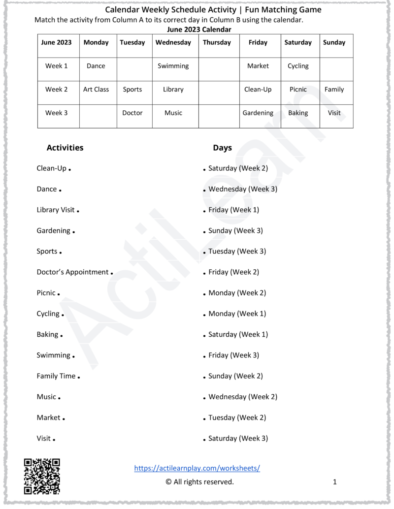 Calendar Weekly Schedule Activity | Fun Matching Game