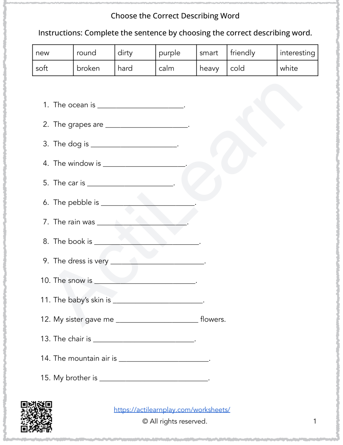 Describing Words Free Printable Worksheet for Grade 1
