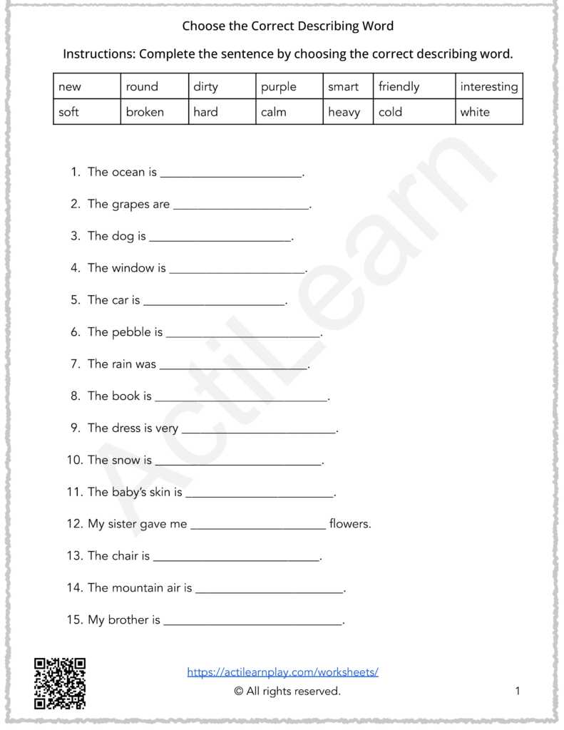 Describing Words Free Printable Worksheet for Grade 1