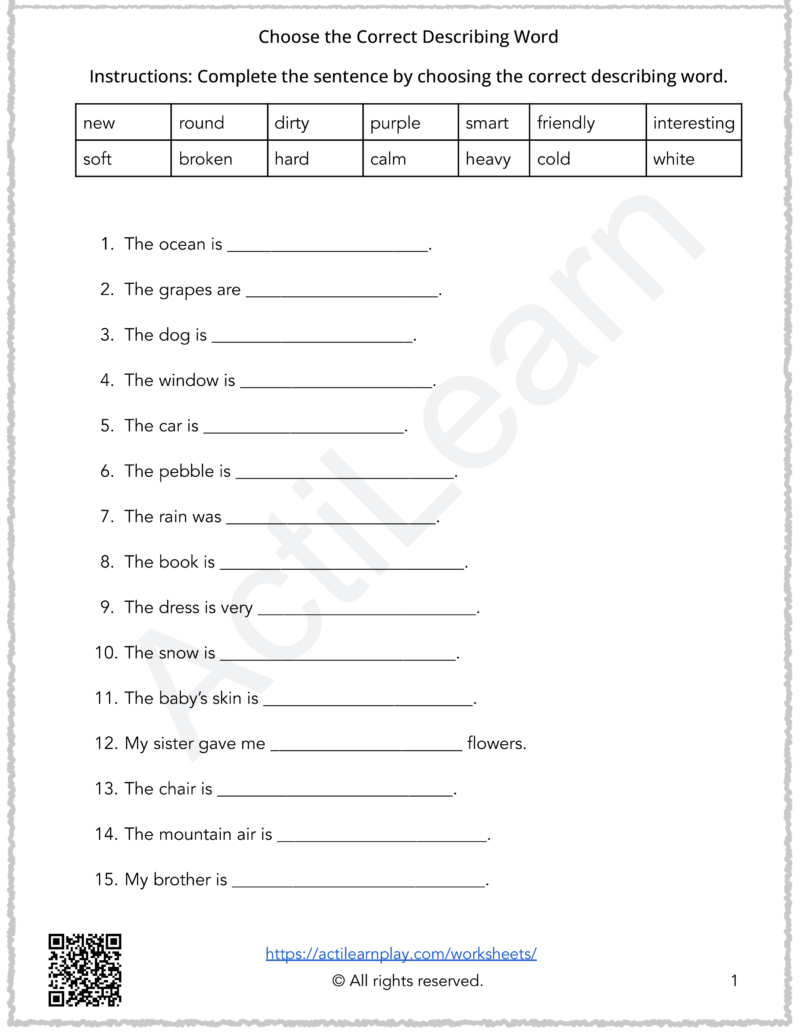 Describing Words Free Printable Worksheet for Grade 1