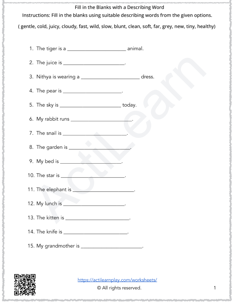 Describing Words Activity Sheet Grade 1 | Fill in the Blanks