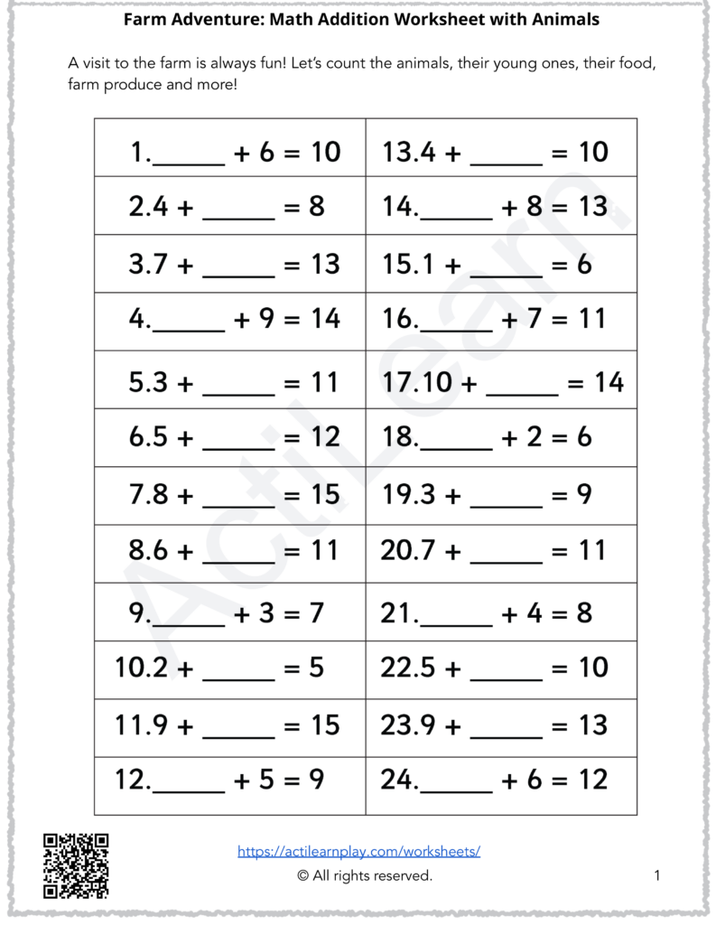 Farm-Themed Math Addition Worksheets | Free Printable for Kids