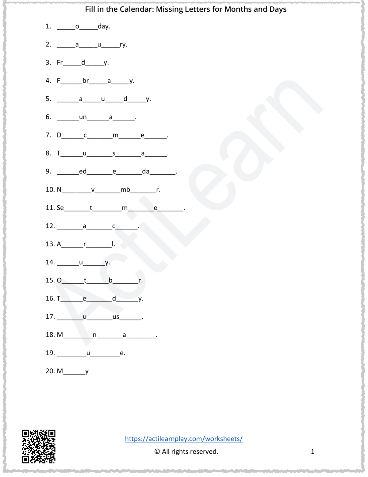 Fill in the Calendar: Missing Letters for Months and Days