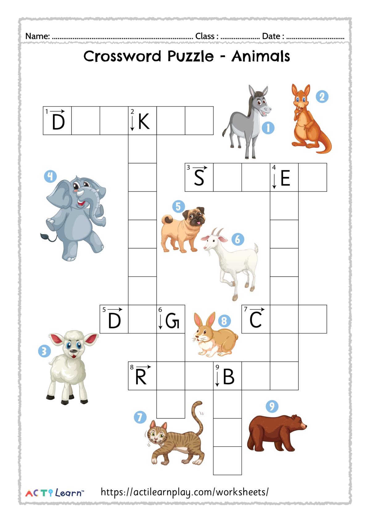 Fun Learning - Printable Animals Crossword Puzzle for Kids