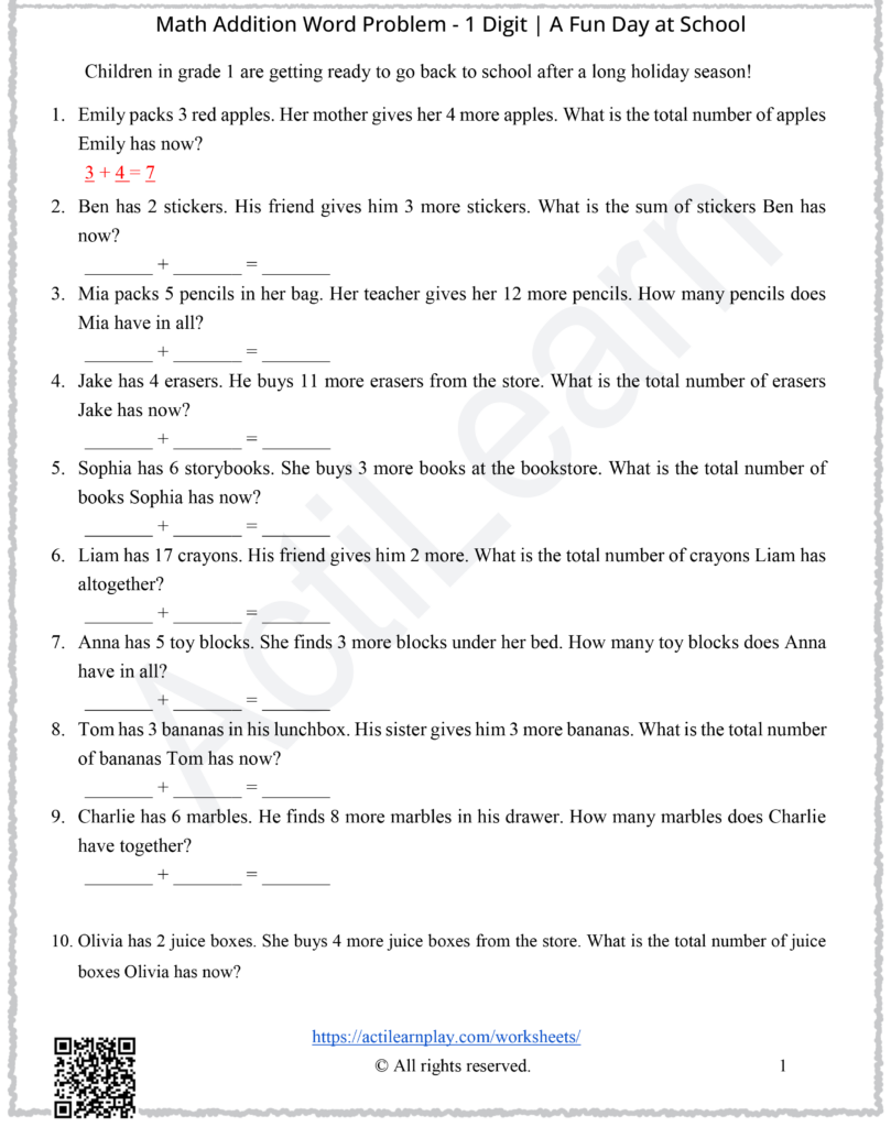 Math Addition Story Sum | Single-Digit Word Problems for Kids
