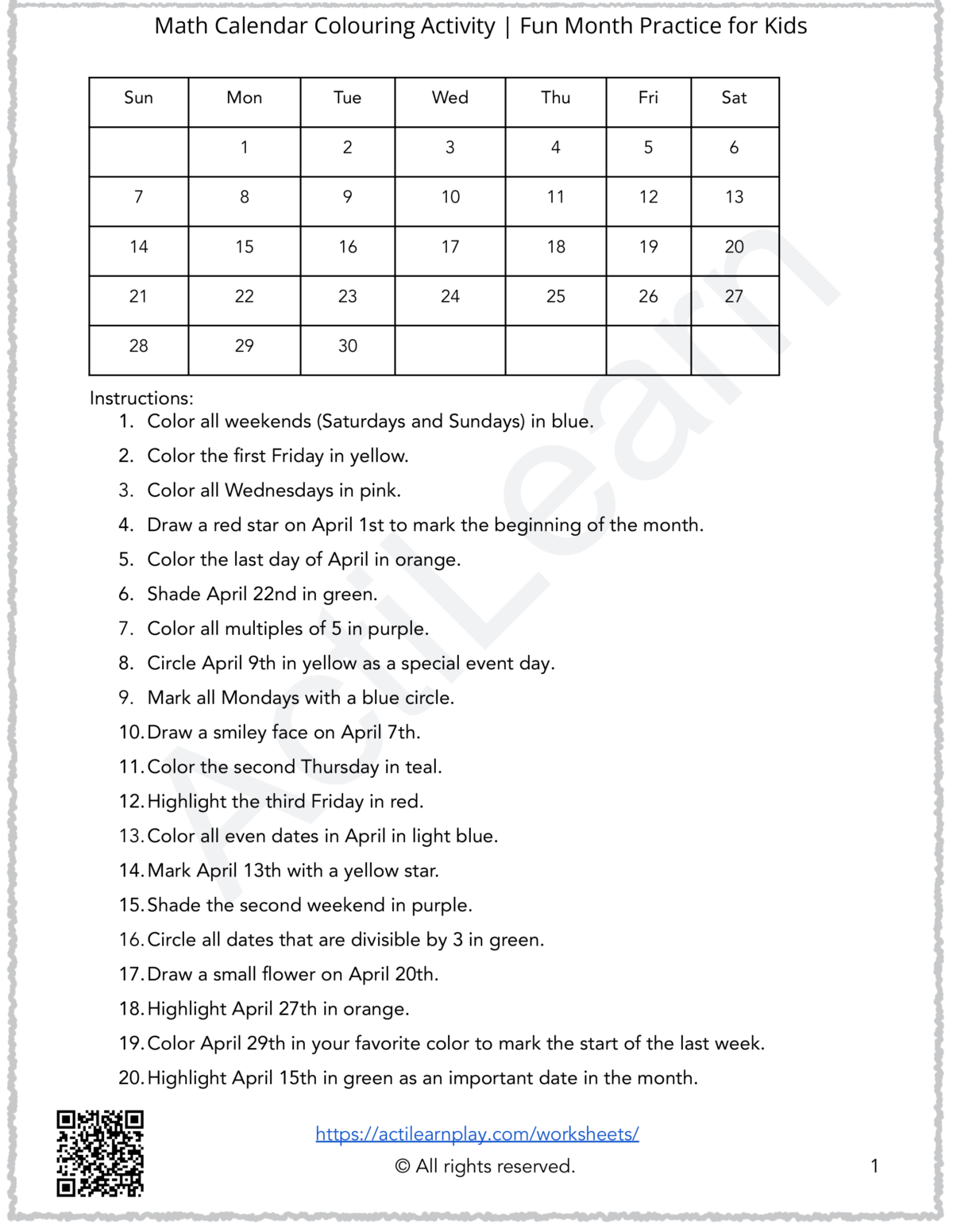 Math Calendar Colouring Activity | Fun Month Practice for Kids