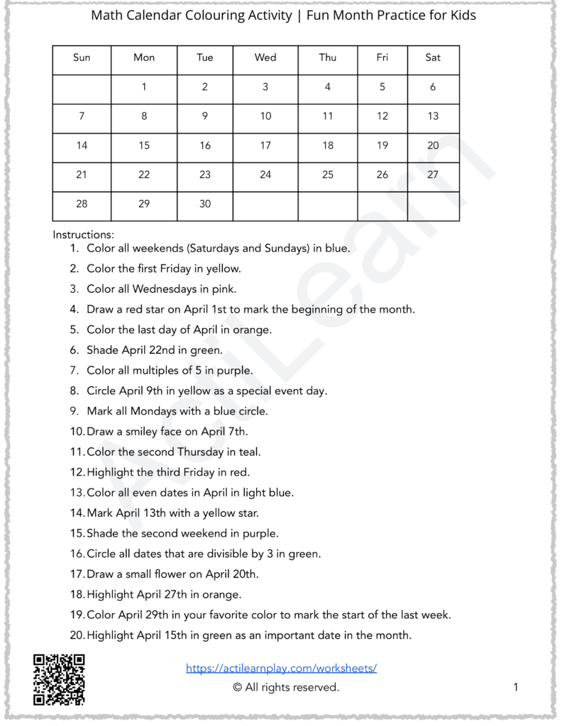 Math Calendar Colouring Activity | Fun Month Practice for Kids