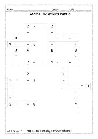 Free Math Crossword Puzzle | Addition & Subtraction for Kids