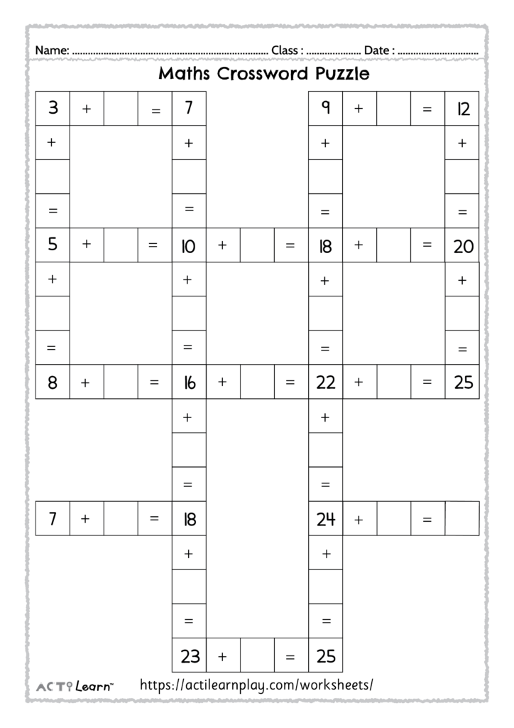 Free Printable Addition Subtraction Crossword Worksheet
