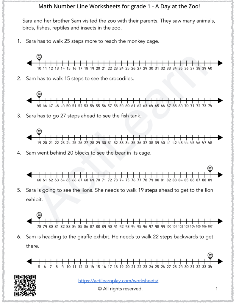 Math Number Line Worksheets for grade 1 - A Day at the Zoo!