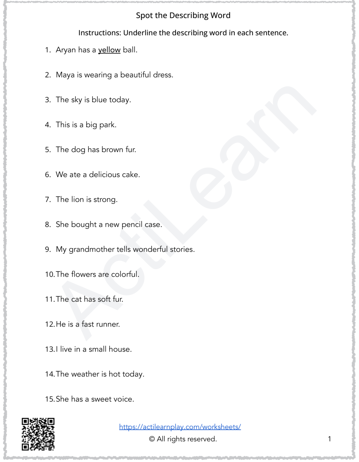 Describing Words Worksheet Free Download | Grade 1 Activity