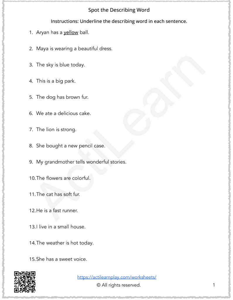 Describing Words Worksheet Free Download | Grade 1 Activity