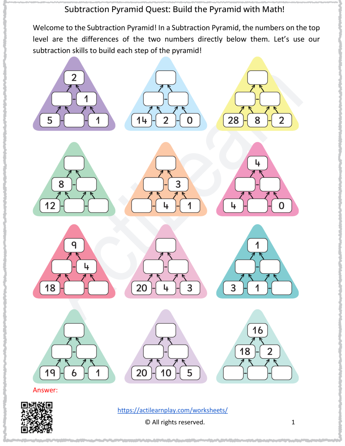 Subtraction Pyramid Worksheet | Fun Math Activity for Kids