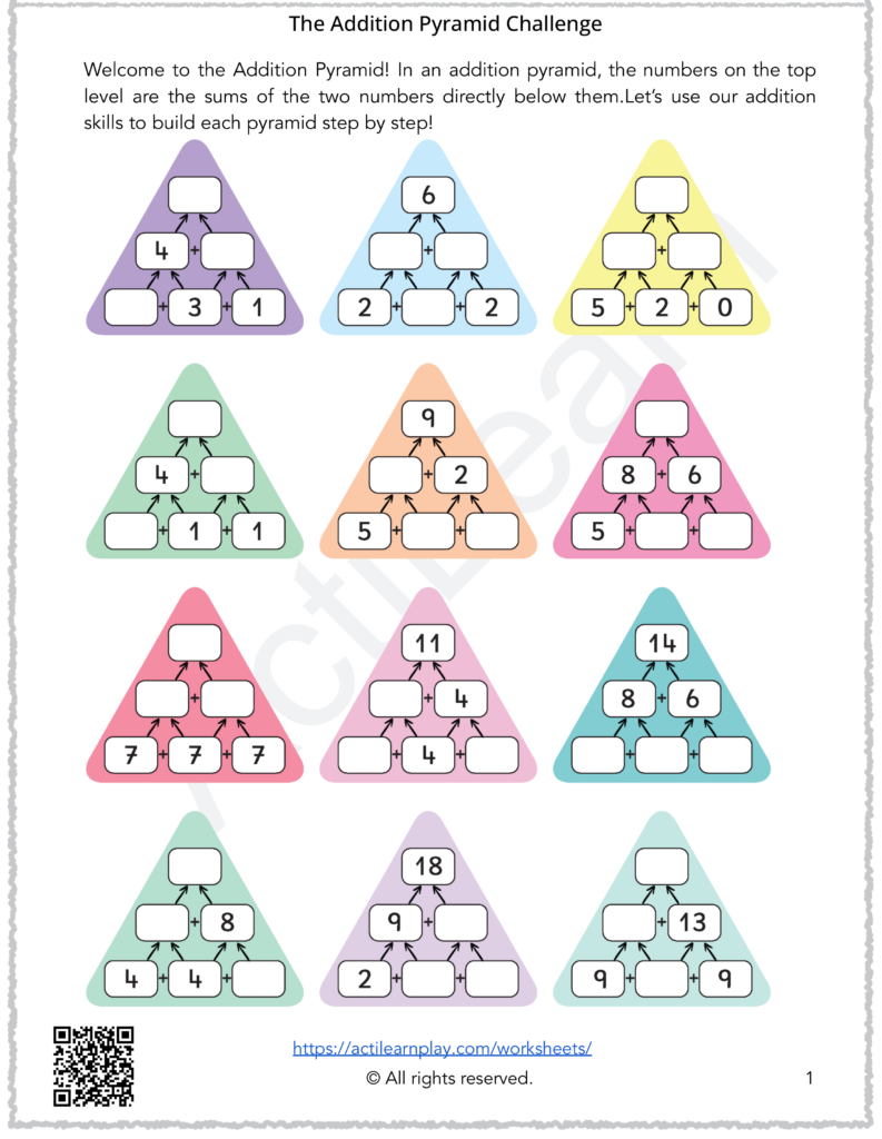 Math Pyramid Puzzle Worksheet PDF | Fun Addition Practice