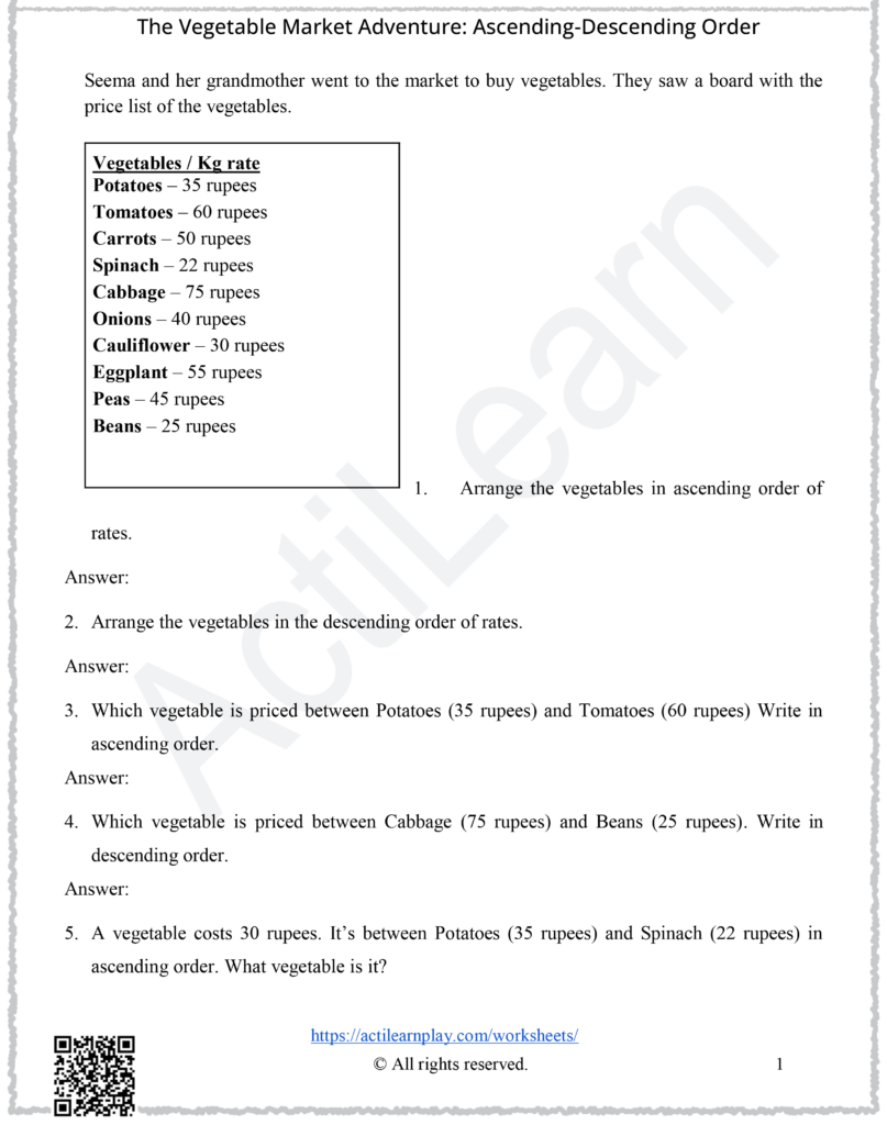 Math Ascending Descending Activity | Fun Vegetable Market Theme