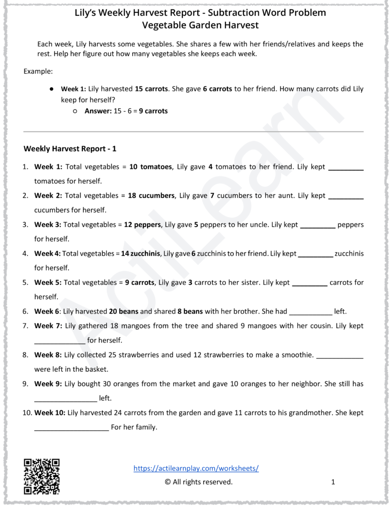 Subtraction Word Problem Worksheet | Vegetable Harvest Theme
